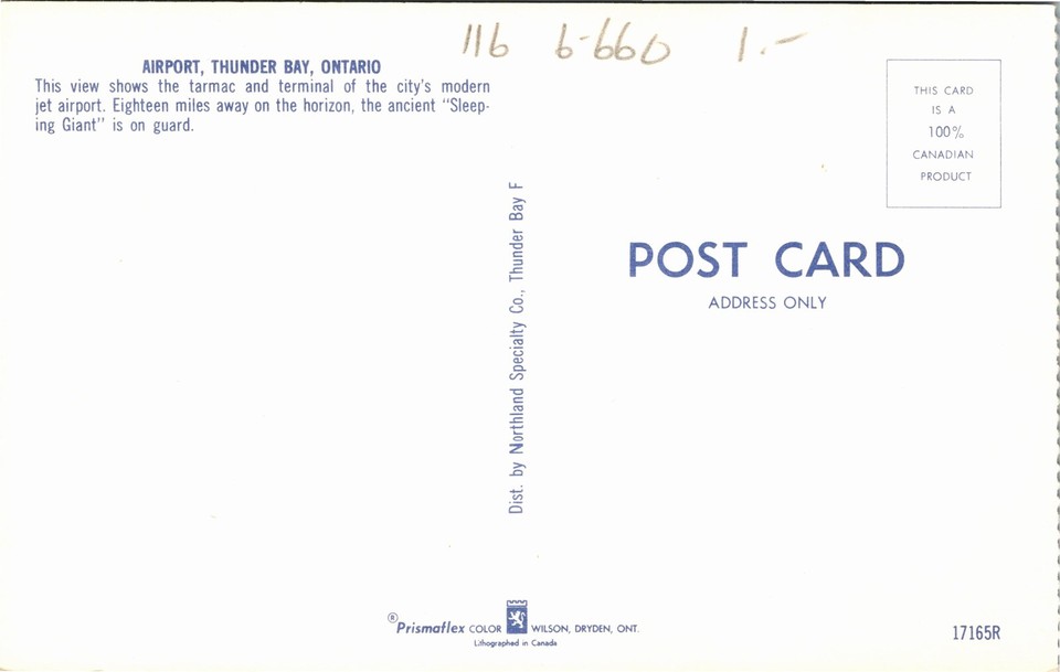 Postcard ON Thunder Bay Bird's Eye View Airport Planes Control Tower ...