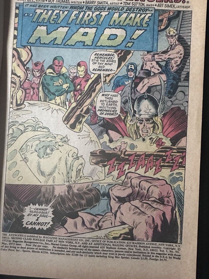 Avengers #99 Barry Smith! Marvel 1972 - Hercules Iron Man Thor Capt ...