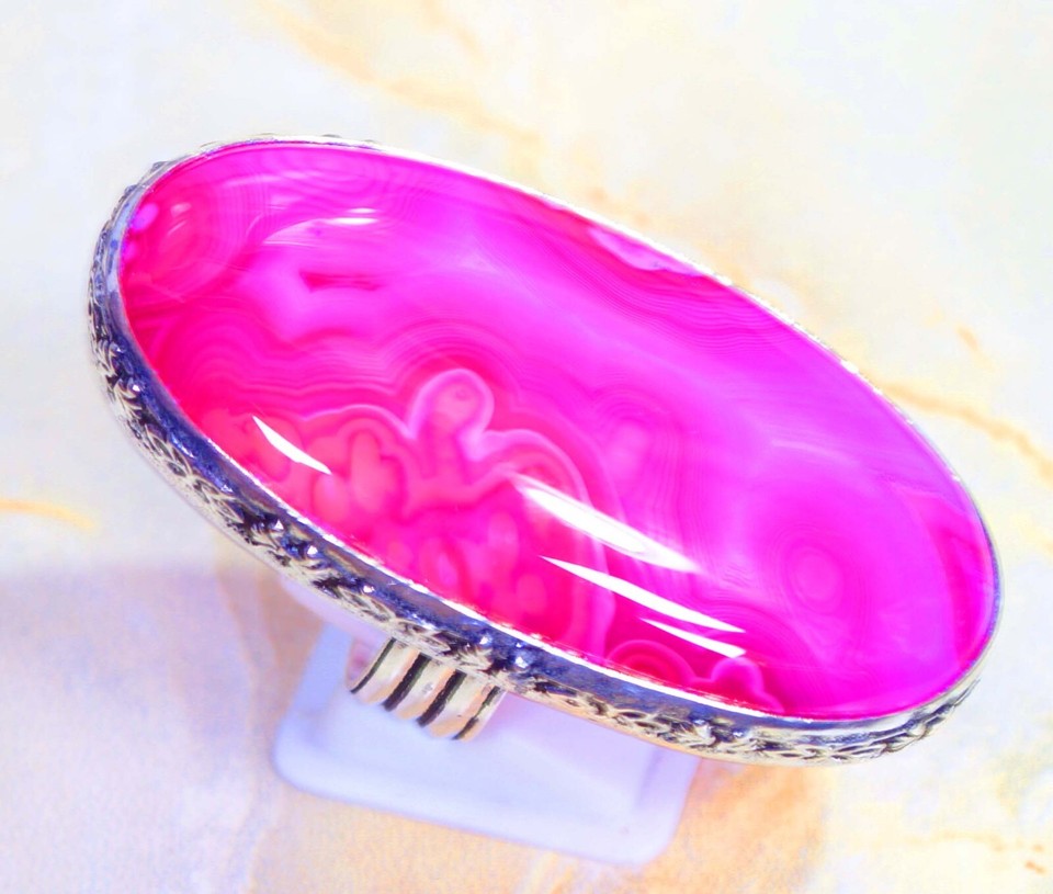 Pink Agate Ring Size 11.5 US Extra Large Stone Silver Plated Jewelry ...