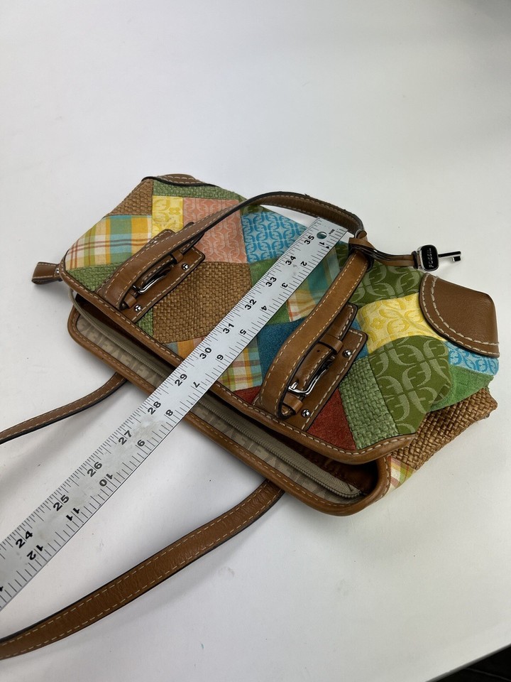 Fossil Patchwork Handbag Purse Plaid Canvas Leather Suede Blue Green ...
