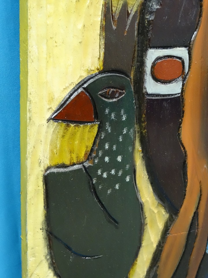 MESMERIZING MODERNIST PRIMITIVISM SIGNED ALEIR '89 CARVED WOOD PANEL ...