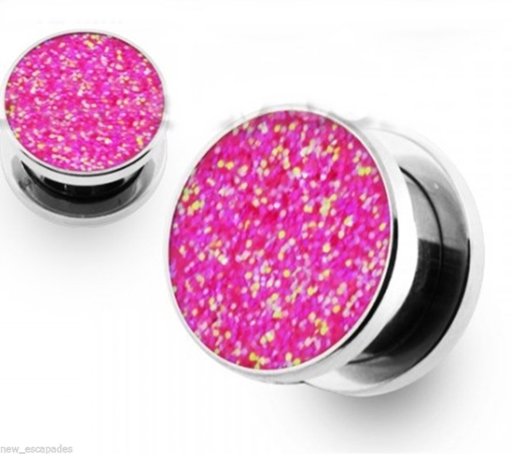 PAIR-Glittery Pink Steel Screw On Ear Plugs 05mm/4 Gauge | eBay