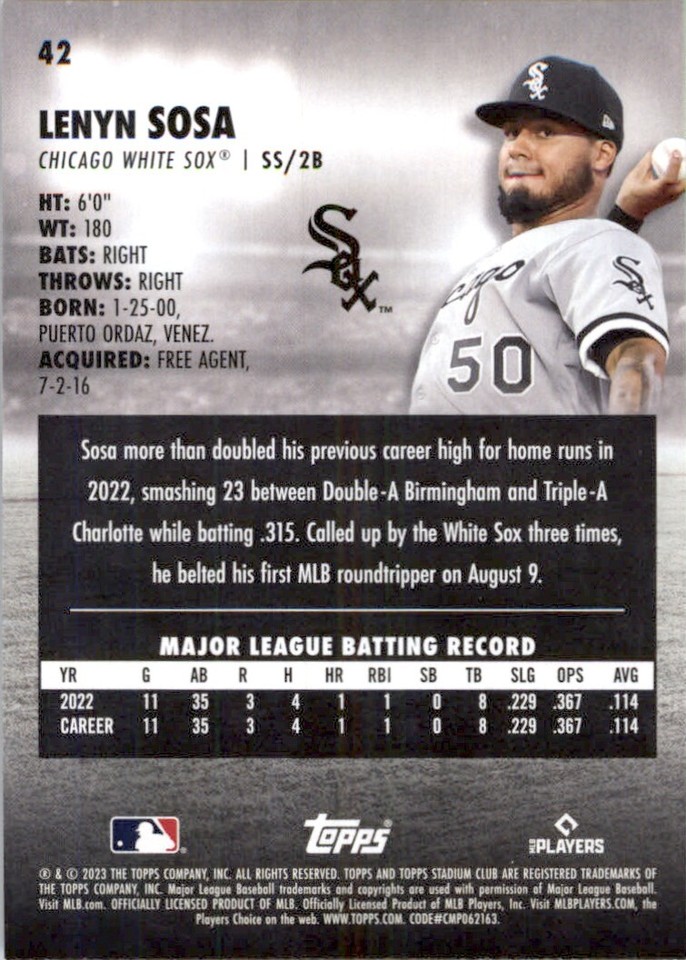 2023 Stadium Club Lenyn Sosa RC Chicago White Sox #42 Baseball Card | eBay