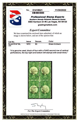 US Scott #R147 $3 V. RARE Block of 4 Stamps-Few Exist. Used. PSE Cert ...