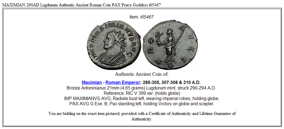 MAXIMIAN 290AD Lugdunum Authentic Ancient Roman Coin PAX Peace Goddess ...