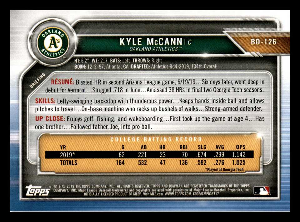 2019 1st Bowman Draft Kyle McCann Oakland Athletics #BD-126 Mint | eBay