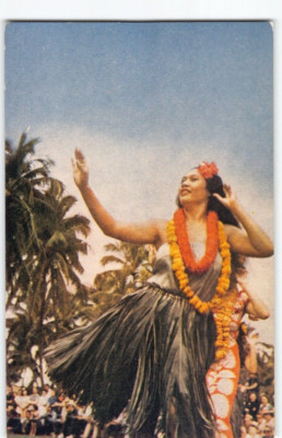 Hula Dancer Waikiki Hawaii~ WWII LOGO~Old Chrome Postcard M. Roberts ...