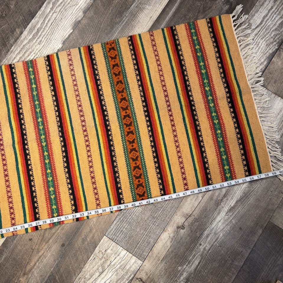 Zapotec Oaxaca Wool Rug 24x60" Hand Made Woven Orange Rasta Geometric ...