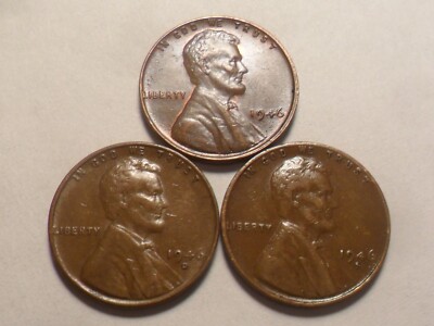 1946-P 1946-D 1946-S NICE LINCOLN WHEAT CENT 3 PC "1946" YEAR SET ...