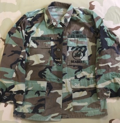 US NAVY BDU SHIRT WOODLAND CAMO SEABEE COMBAT WARFARE BADGE E7 CPO ...