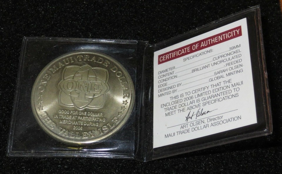2006 MAUI TRADE DOLLAR Coin Token Hawaii w/ COA - HUMPBACK WHALE w ...