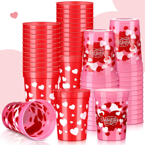 48 Pack Heart Party Cups - 8 oz Reusable Red & Pink for Valentine's Day ...