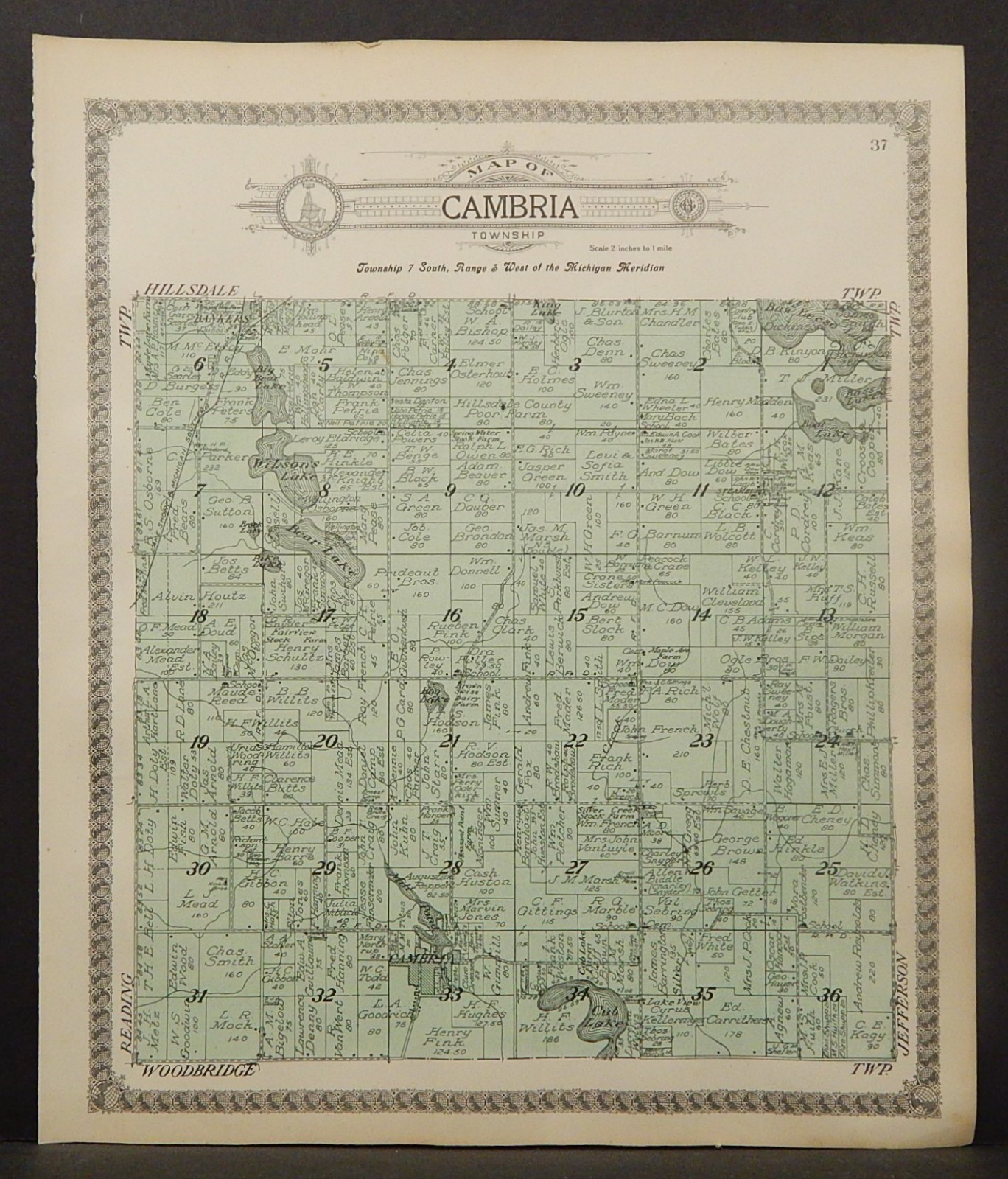 Michigan Hillsdale County Map Cambria Township 1916 J21#07 | eBay