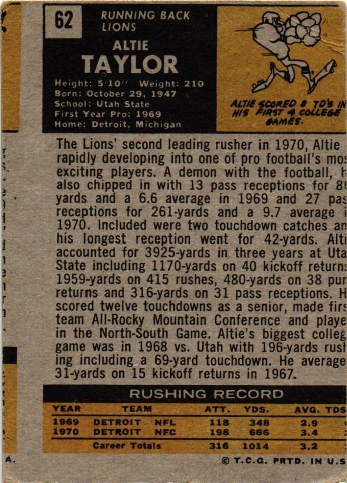 ALTIE TAYLOR 1971 Topps Football #62 FREE SHIPPING B7R3S2P25 | eBay