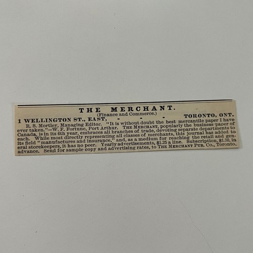 The Merchant Pub R. S. Mortley Toronto Ontario Canada 1890 Newspaper Ad ...