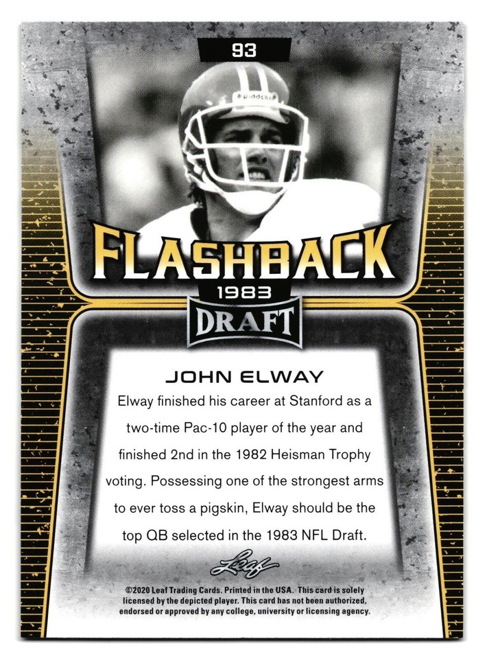 2020 Leaf Draft Football John Elway Flashback Yellow 1983 Stanford #93 ...