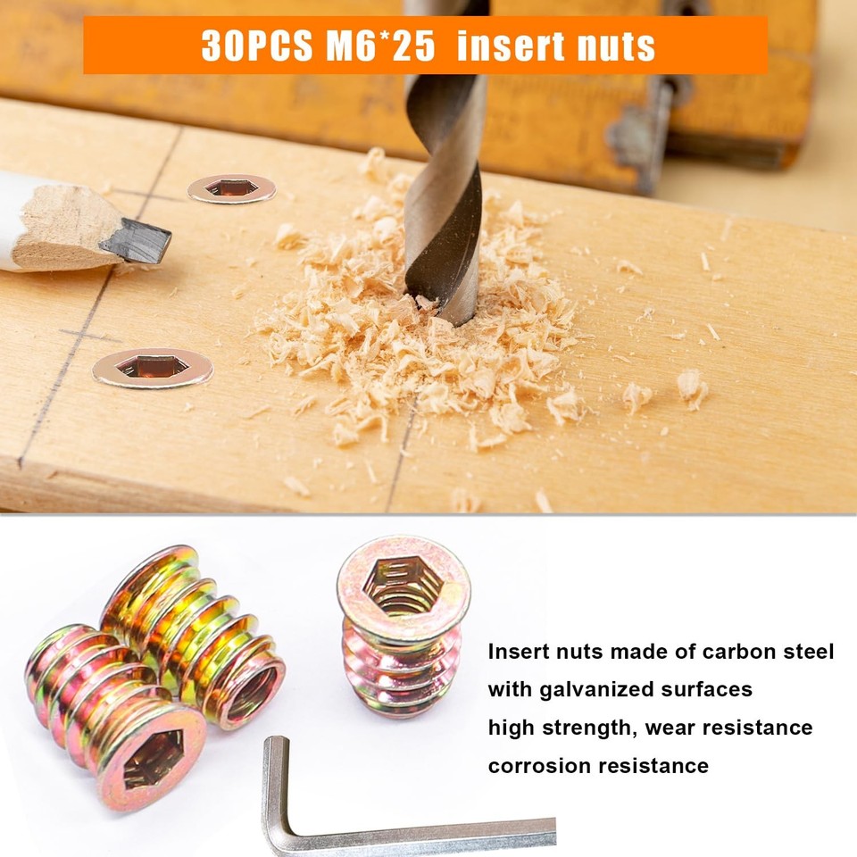 30pcs Wood Furniture Threaded Inserts Drive Nuts & Bolts Fastener Kit ...