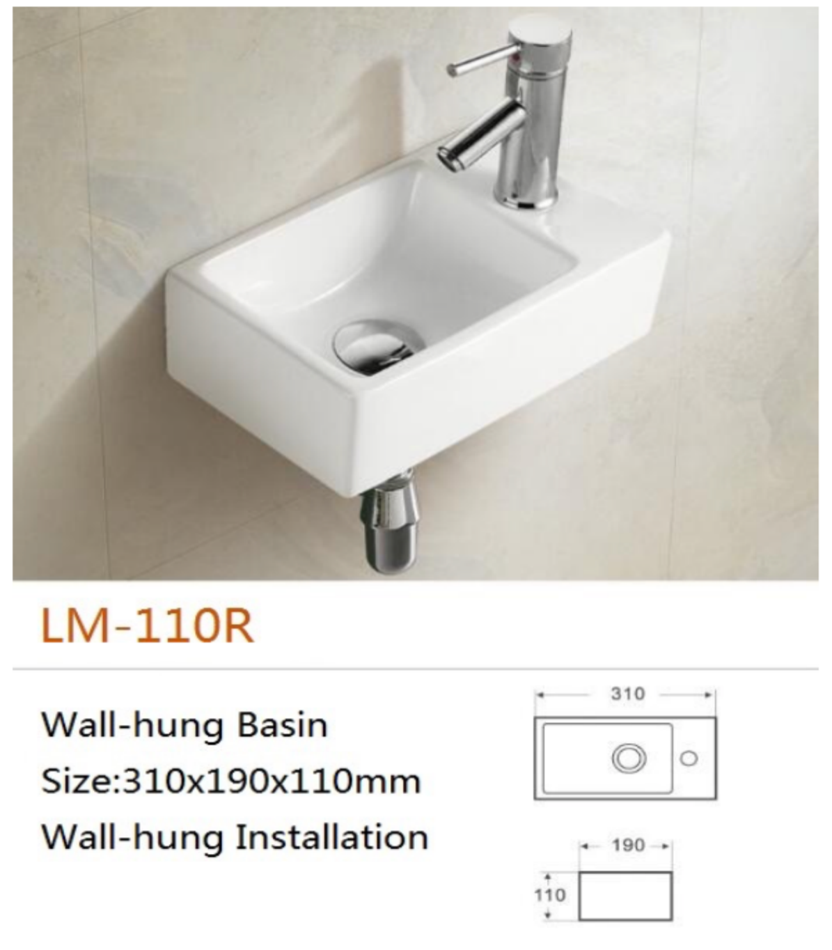 Housler Cloakroom Wash Basin Ceramic Wall Hung Right Tap Hole 310mm ...