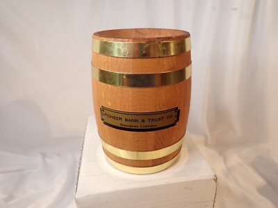 VINTAGE WOODEN OAK BARREL KEG COIN BANK PIONEER BANK SHREVEPORT ...