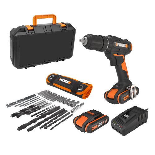 WORX Powershare Cordless Hammer Drill 20V 50Nm x2 2.0Ah 30pc Drill Bit ...