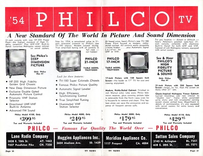 1953 INDIANA AD NEW 1954 PHILCO TELEVISION SETS HUGGINS APPLIANCE ...