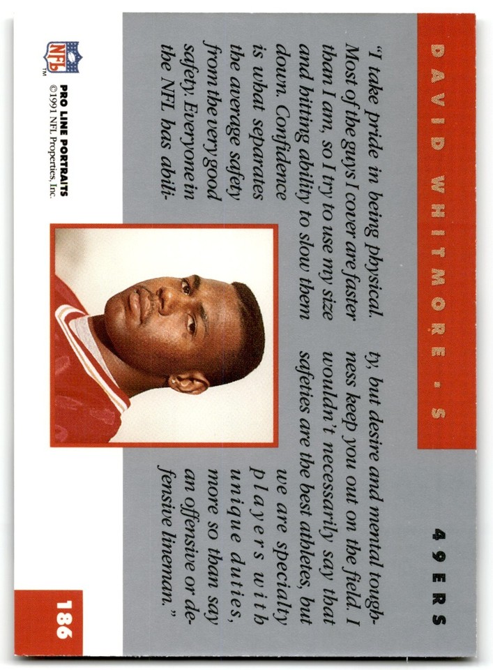1991 Pro Line Portraits David Whitmore Rookie San Francisco 49ers #186 ...