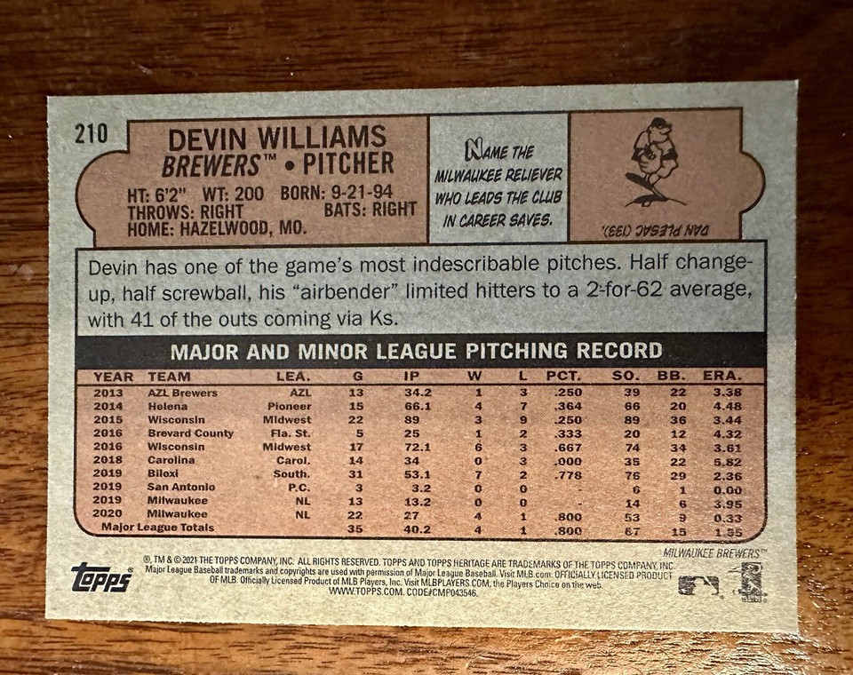 Devon Williams All-Star Rookie Cup 2021 Topps Heritage Baseball Brewers ...