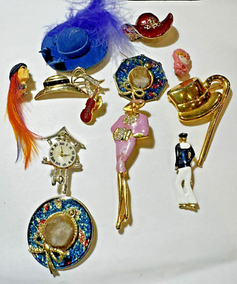 Vintage Silver Gold t Lady Cartwheel Hat Feather Enamel Brooch Lot 12pc ...