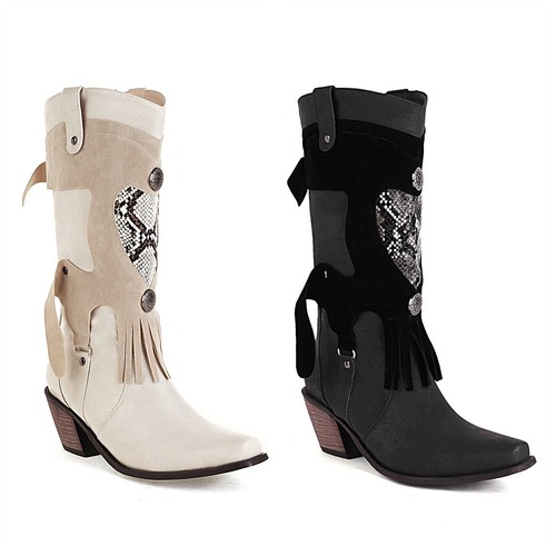 Women's Mid Calf Boots 6cm Block Heel Faux Leather Square Toe Cowboy ...