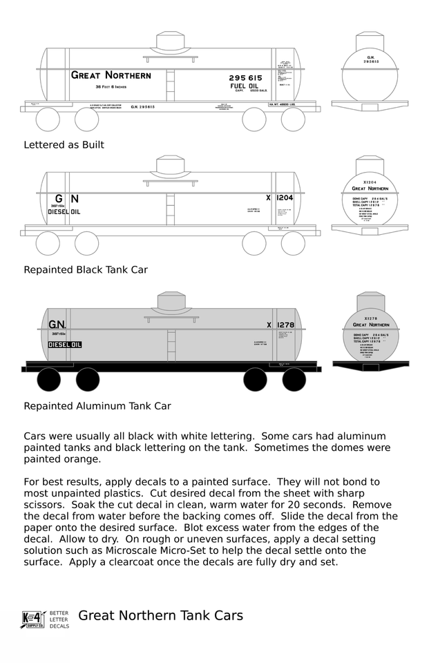 K4 HO Scale Decals Great Northern Tank Car White and Black | eBay