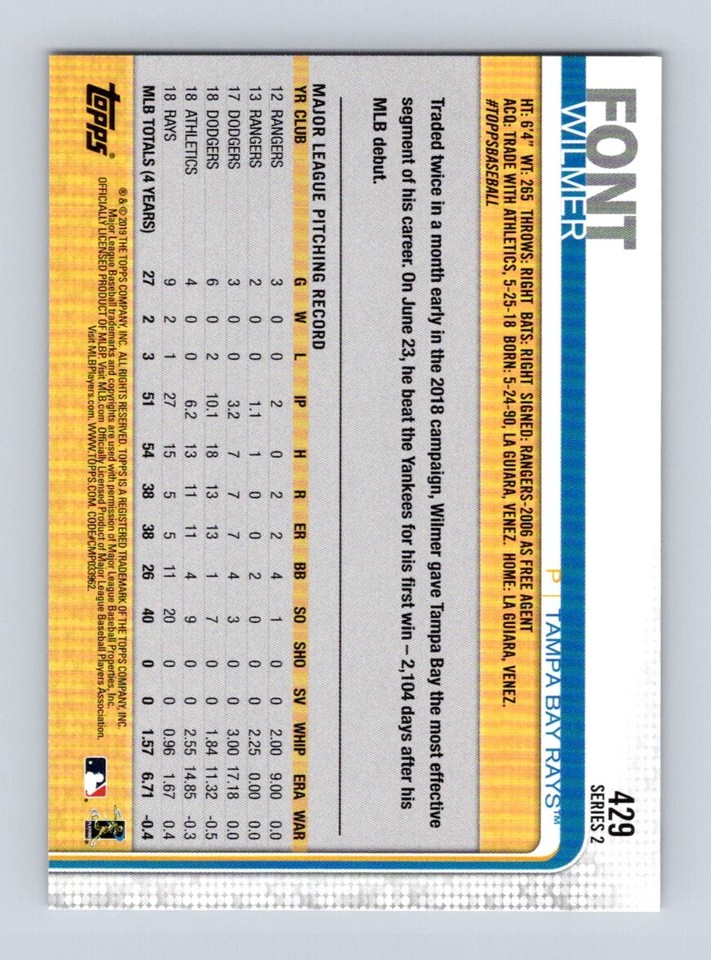 2019 Topps ASG Foil Stamp #429 Wilmer Font Tampa Bay Rays | eBay