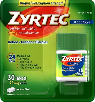 ZYRTEC 30 TABLETS *ORIGINAL STRENGTH* 24HR INDOOR/OUTDOOR ALLERGIES EX ...