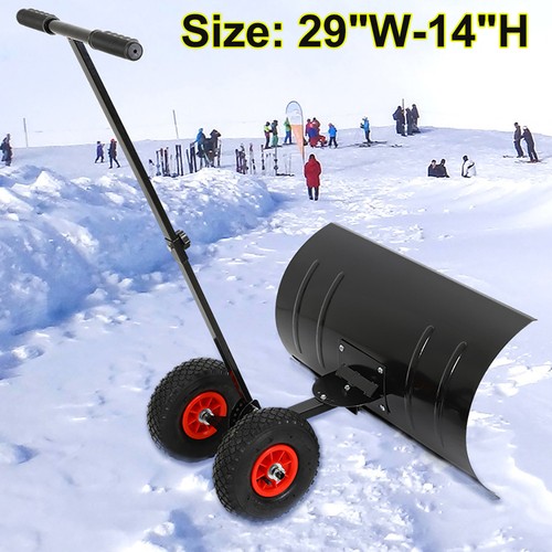 Snow Pusher Hand Plow for Snow Removal with Wheels Adjustable Handle ...