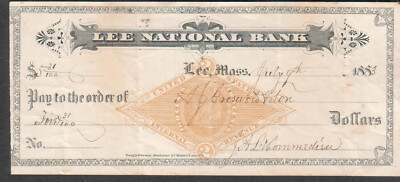 1883 revenue stamped paper check Lee National Bank Massachusetts ...