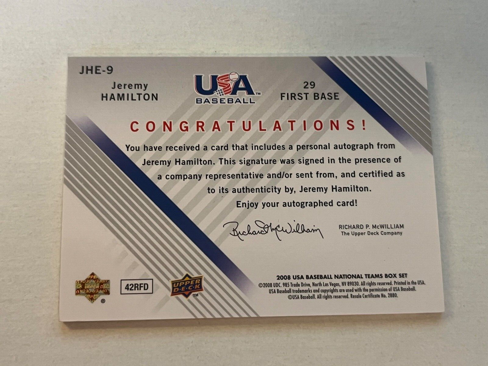 JEREMY HAMILTON 2008 UPPER DECK USA ROOKIE AUTO /50 #JHE-9 | eBay