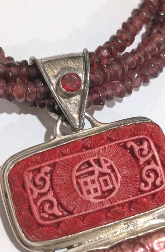 Sterling Silver Cinnabar Lacquer Pearl Red Beryl Emerald Multi Strand ...