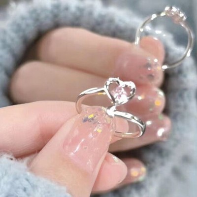 Fashion Shiny Pink Rhinestone Heart Opening Couple Rings Adjustable ...