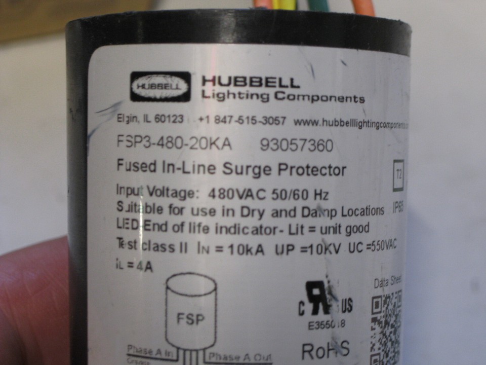 Hubbell FSP3-480-20KA Fused In-Line Surge Protector Input Voltage ...