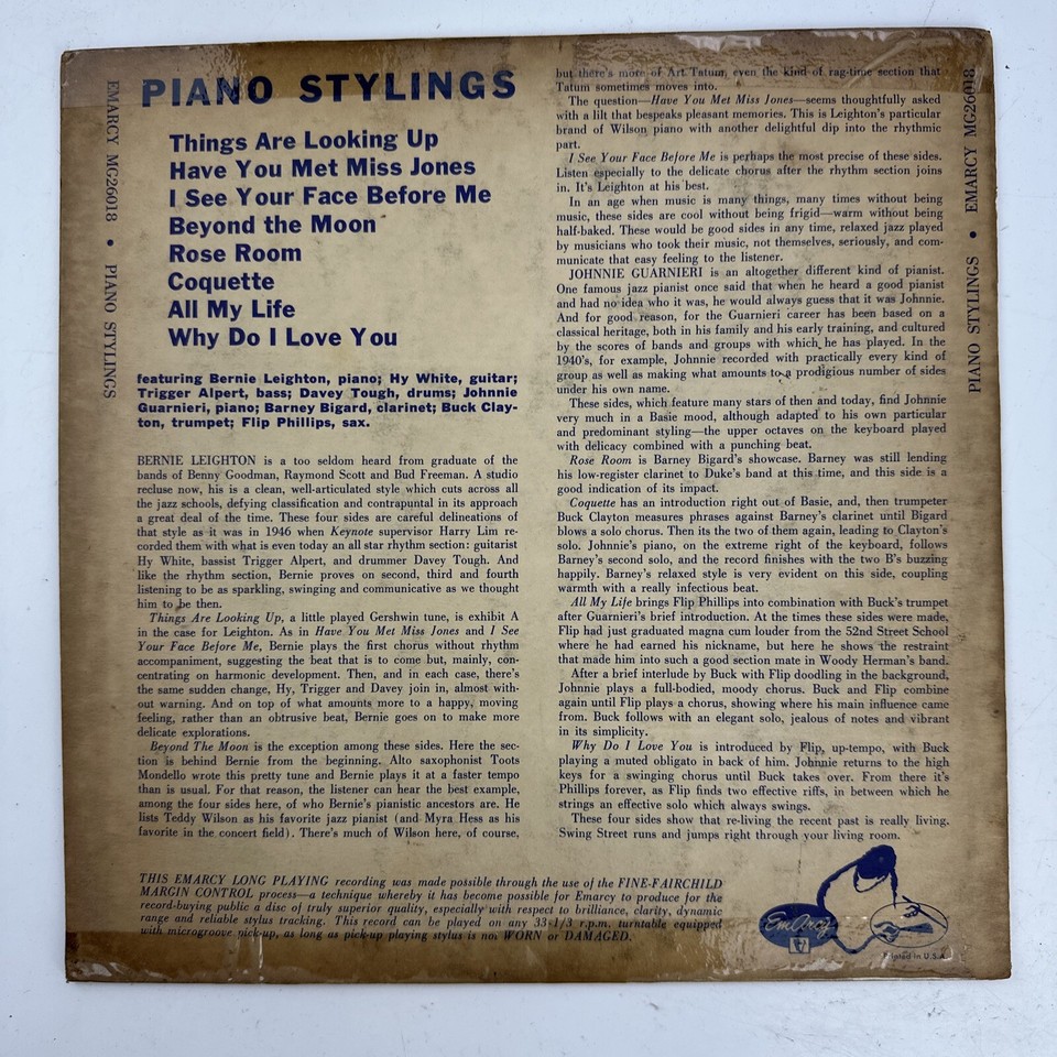 Johnny Guarnieri Bernie Leighton Piano Stylings 10" LP Record Album ...