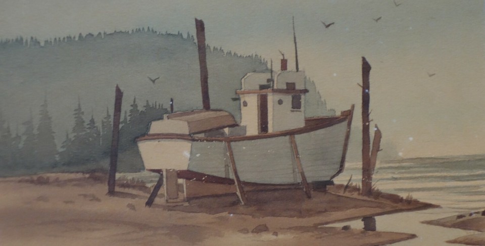 Jerry Becker Watercolor Painting. A Small Fishing Boat Dry Docked at ...