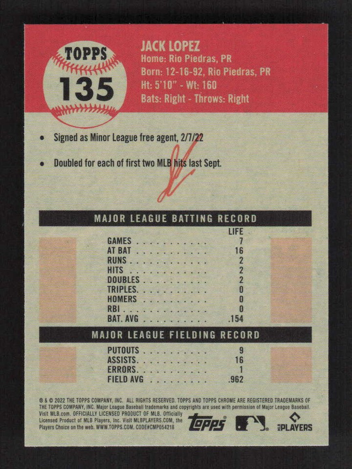 Jack Lopez RC 2022 Topps Chrome Platinum Anniversary Detroit Tigers ...