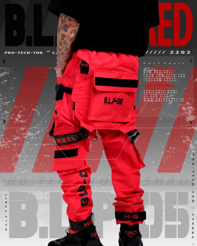 Men's Red Streetwear Techwear Heavy Cargo Trouser Pants Holygrail B.L.P ...