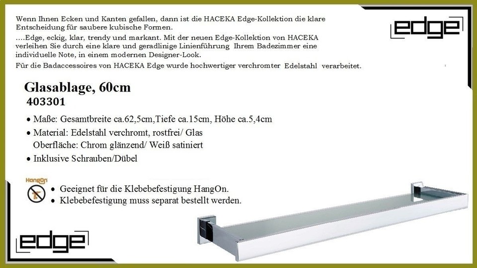 Reduced Last Item! Edge Glass Shelf 60Cm Solid Stainless Steel Chrome ...