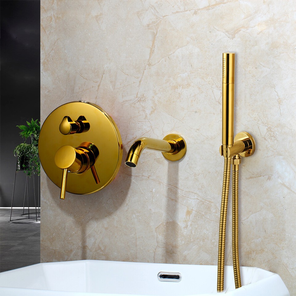 3PCS Gold Bathtub Faucet Round Mixer Valve Rain Hand Held Shower Spout ...