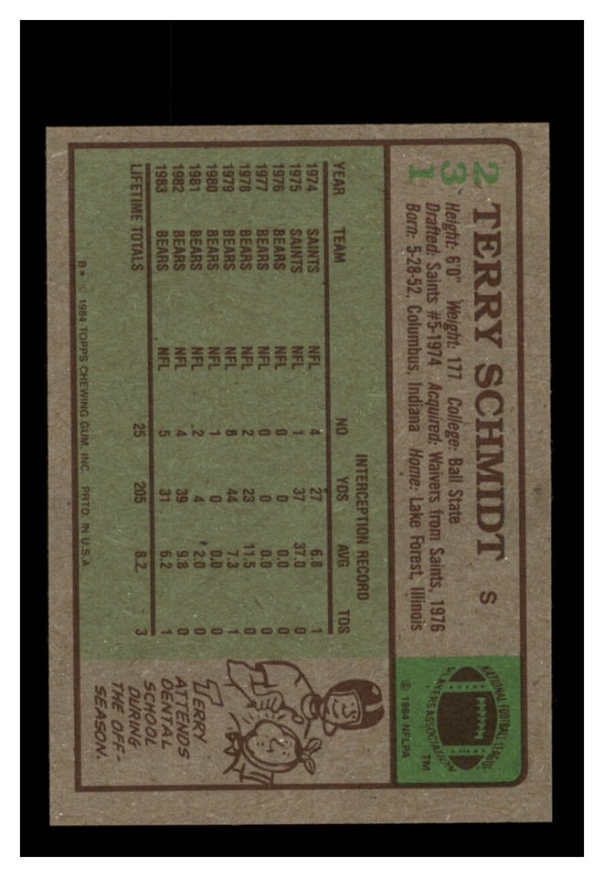 1984 Topps #231 Terry Schmidt Chicago Bears NM-MT | eBay