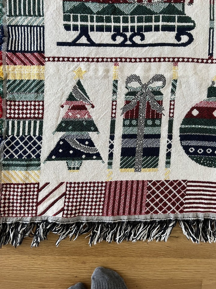 Vintage Crown Crafts Christmas Holiday Woven Cotton Blanket Tapestry ...