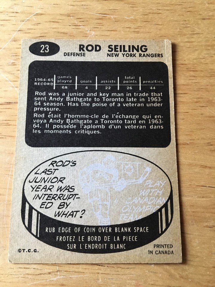 Topps Hockey 1965-66 Rod Seiling Toronto Maple Leafs card #23 | eBay