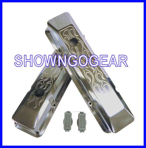 SBC FLAME FLAMED CHROME ALUMIMIUM ROCKER COVERS CHEV DRAG HOTROD HOLDEN ...