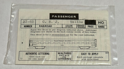 WALTHERS HO SCALE DECAL-CENTRAL NEW JERSEY/CNJ STRL PASS CAR-YEL LET ...