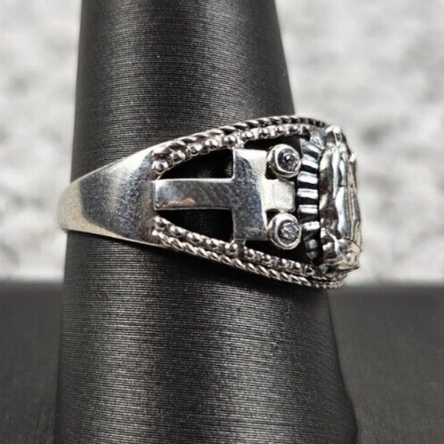 Sterling Silver Mother Mary Cross Diamond Band Ring Signed SYK Size 10 ...